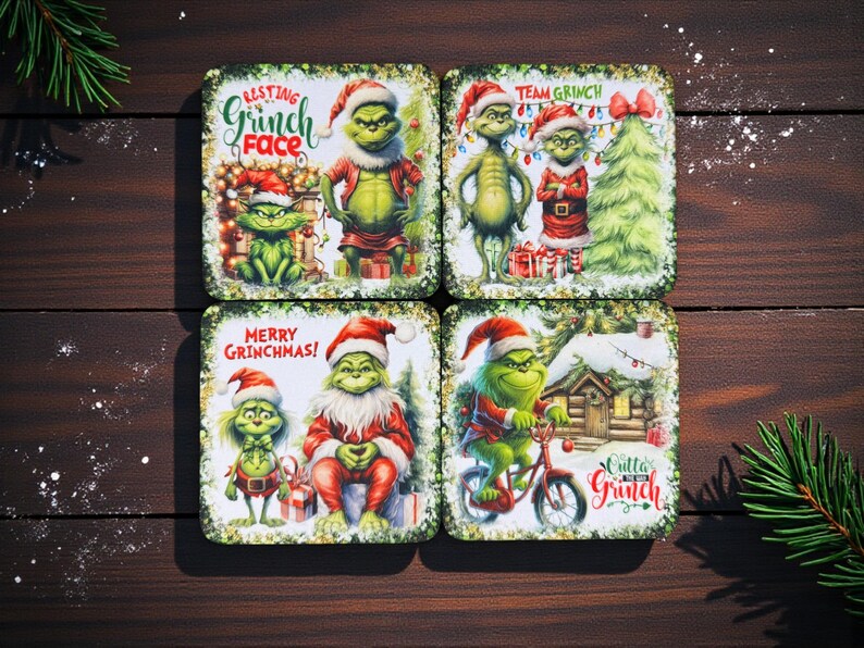 Grinch Christmas Coaster Set | Holiday Decor, Funny Grinch Artwork, 4 ...