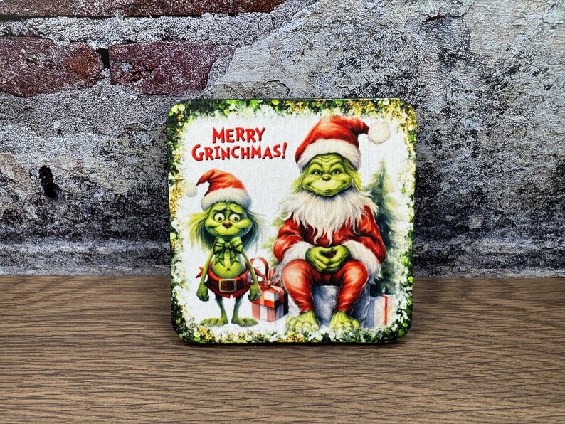 Grinch Christmas Coaster Set | Holiday Decor, Funny Grinch Artwork, 4 ...