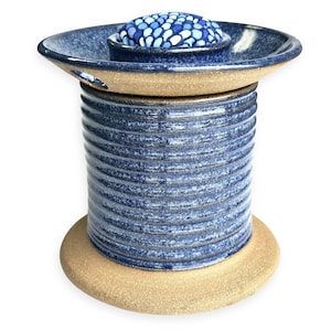 Blue Sewing Station Caddy – Spool-shaped Ceramic Organizer for Sewists ...