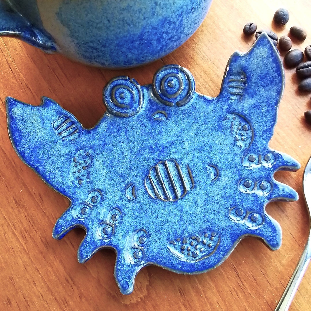 Handcrafted Ceramic Crab Spoon Rest – Variegated Blue, Coastal Kitchen ...
