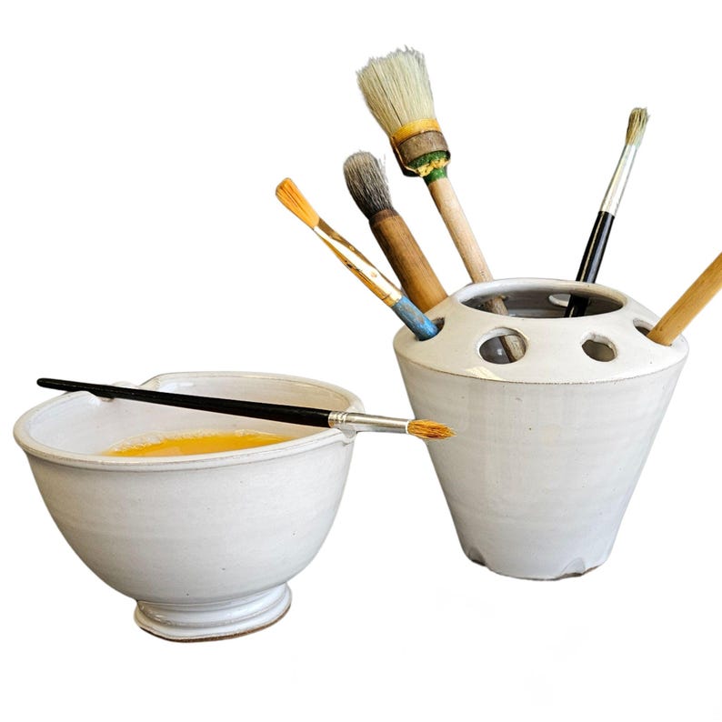 Handmade Ceramic Painting Set- Paint Brush Rinse Bowl & Tool Caddy - Etsy