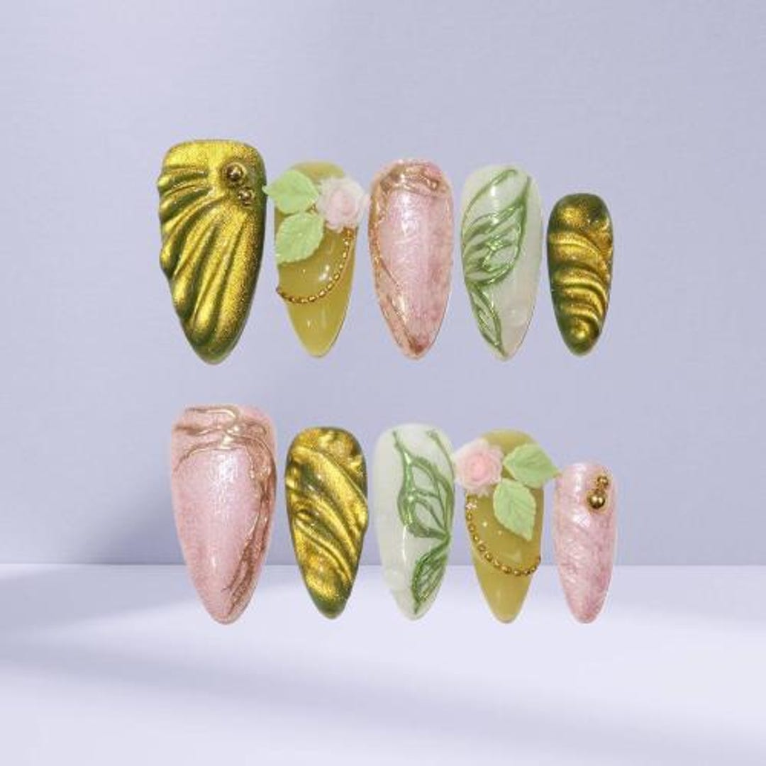 Monet's Garden Nails Handmade 3D Fake Nails Set, Full Cover Tips (10pcs ...