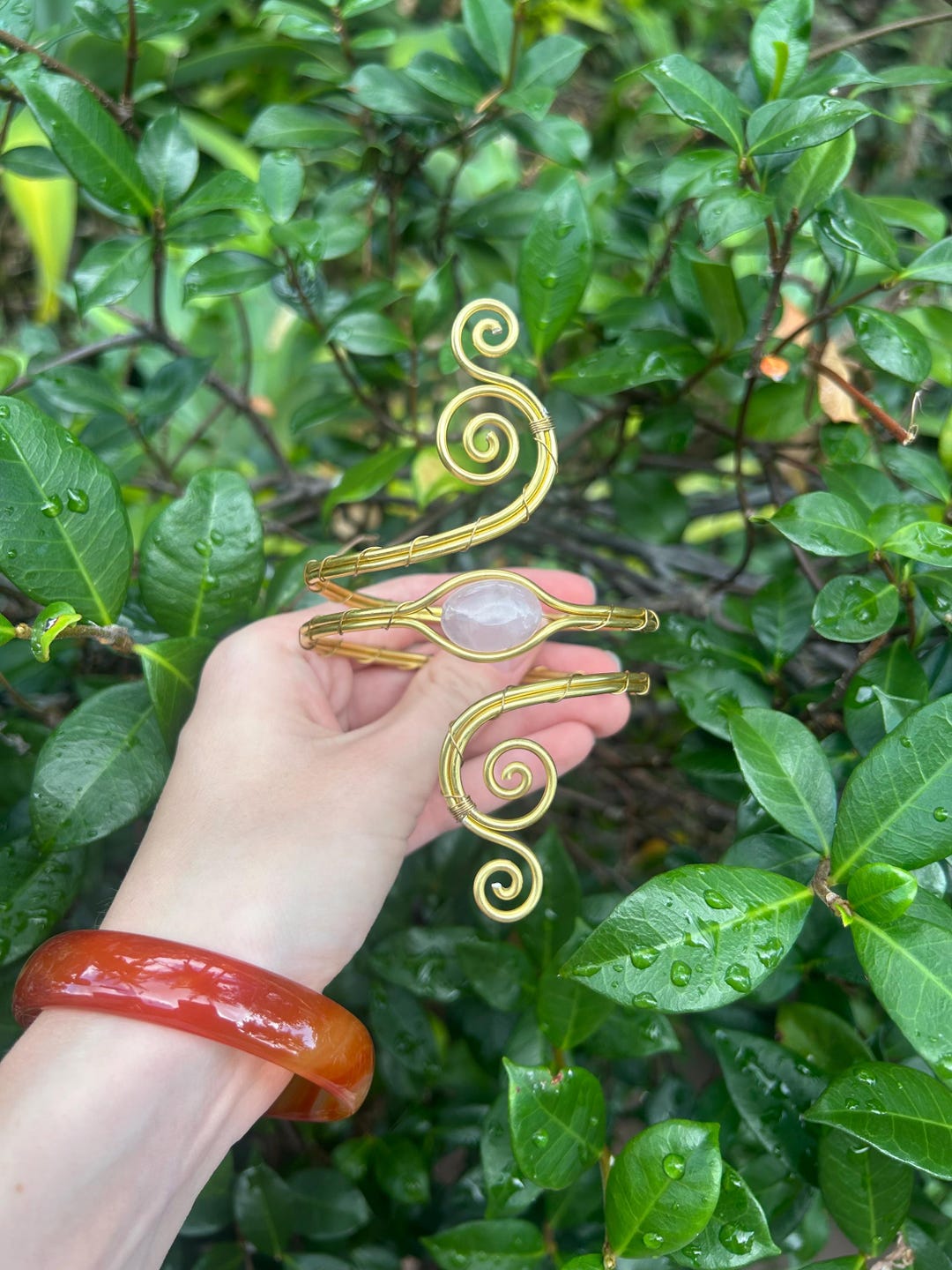 Simple Spiral Arm Cuff With Pink Stone | Custom Size Boho Wire ...