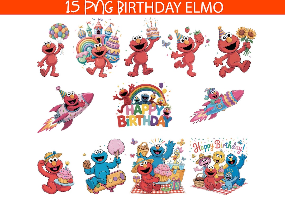 15 PNG Elmo Birthday Clipart Bundle, Files for Kids Party, Cartoon Elmo ...