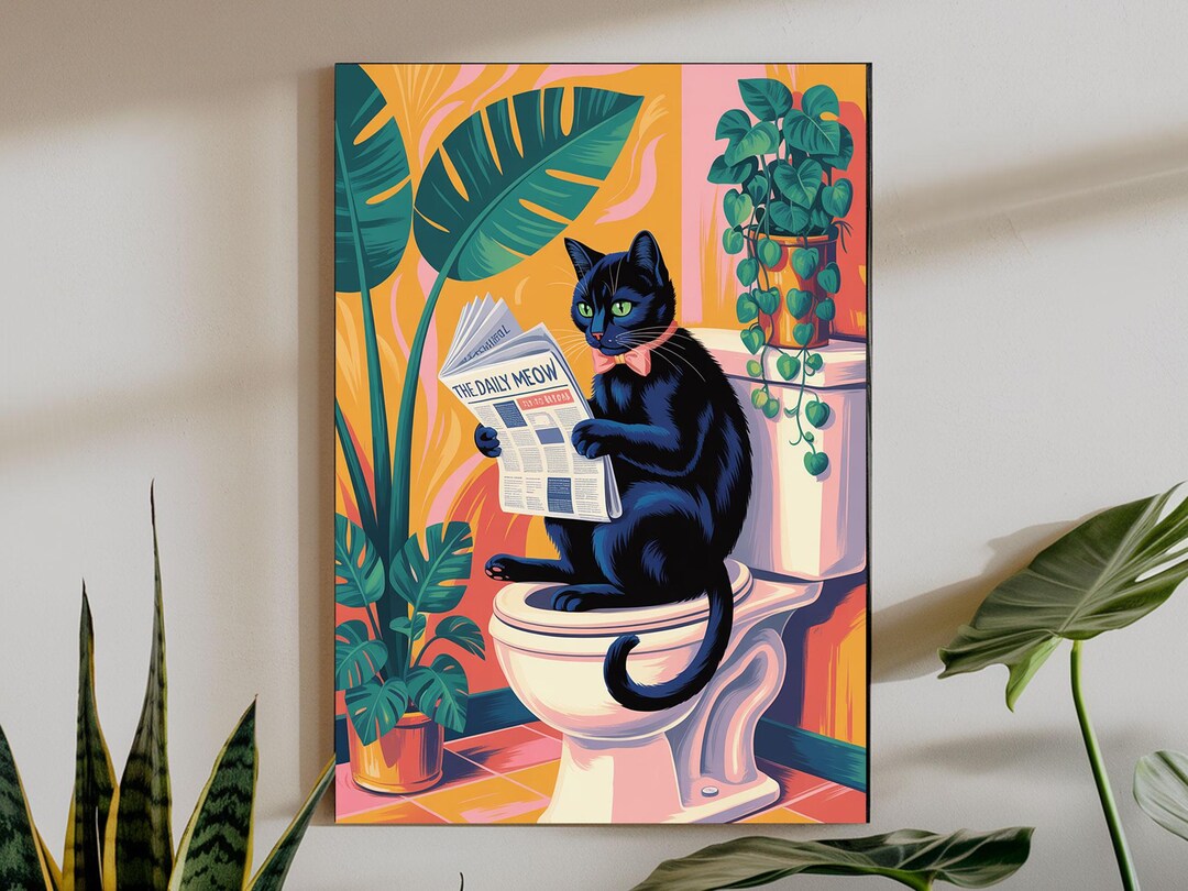Black Cat on Toilet, Bathroom Wall Art, Matisse Poster, Pink and Green ...