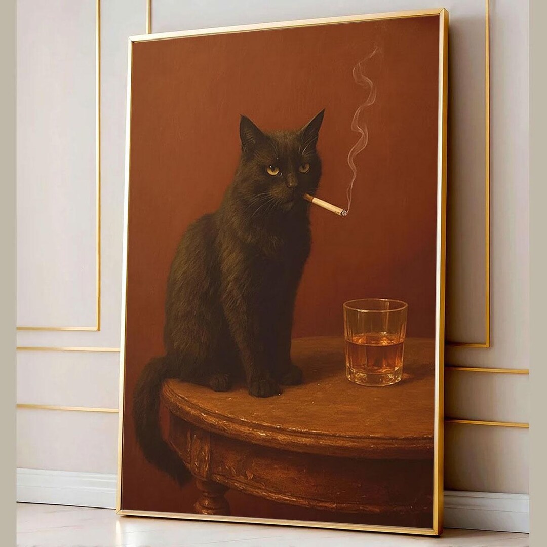 Smoking Cat Wall Art, Vintage Black Cat Poster, Dark Humor Animal Print ...