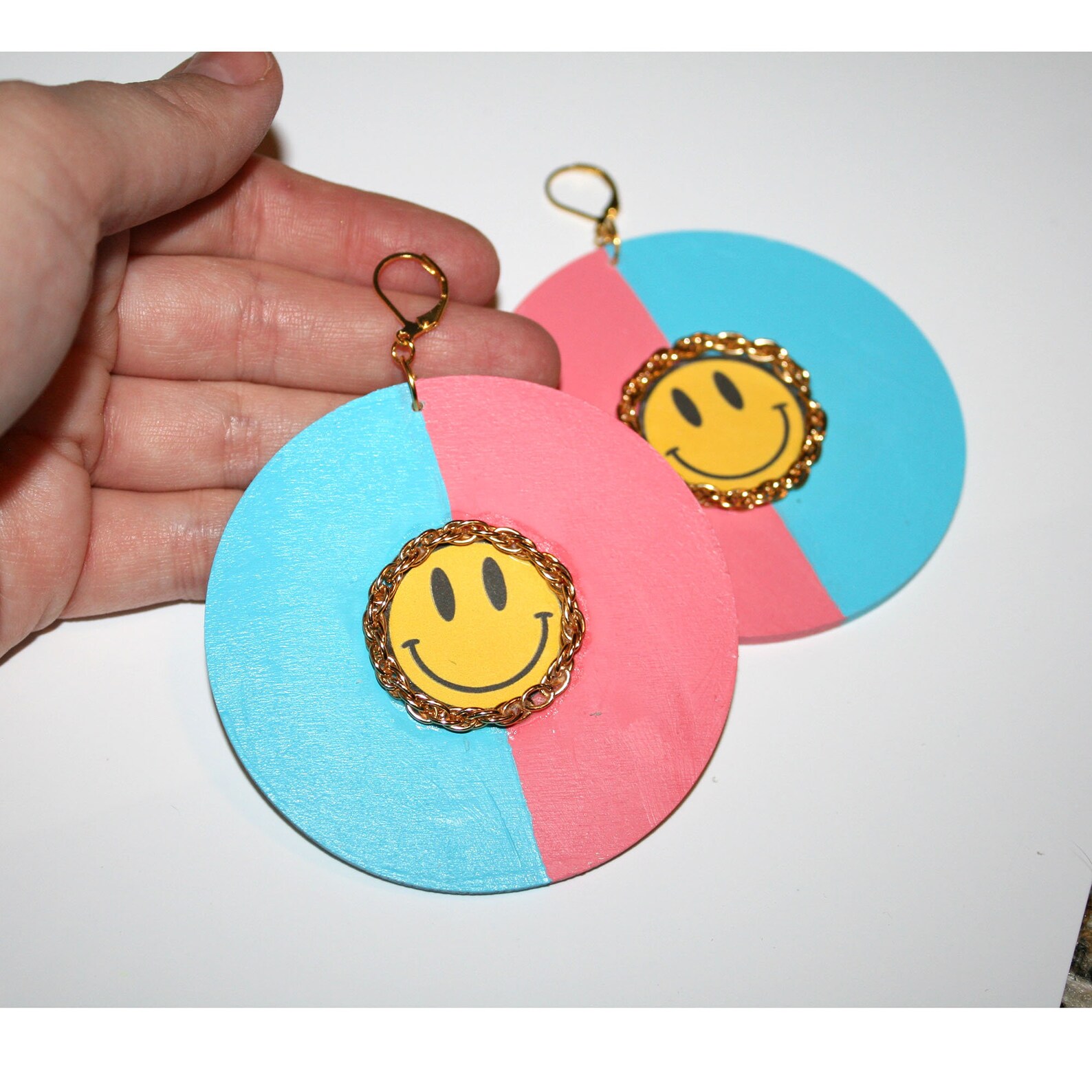 Big Smiley Face Chain Earrings - Handmade Earrings Vintage 90s Inspired ...