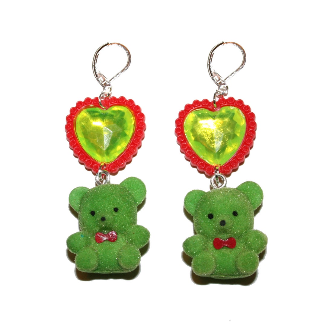 Gem Heart Teddy Earrings - Vintage 90s Flocked Teddy Bear Earrings Gem ...