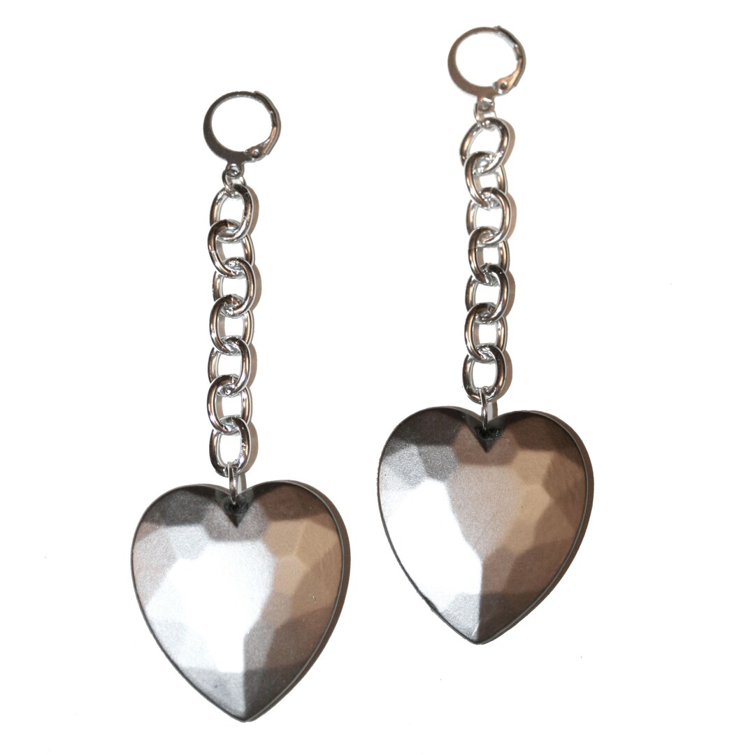 Big Silver Heart Chain Earrings - Big Faux Silver Plastic Frosted Heart ...