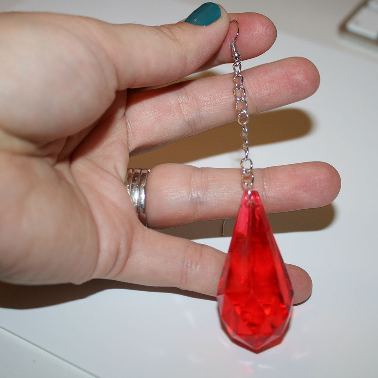 Ruby Red Teardrop Chain Earrings - Plastic Gem Red Ruby Tear Drop ...