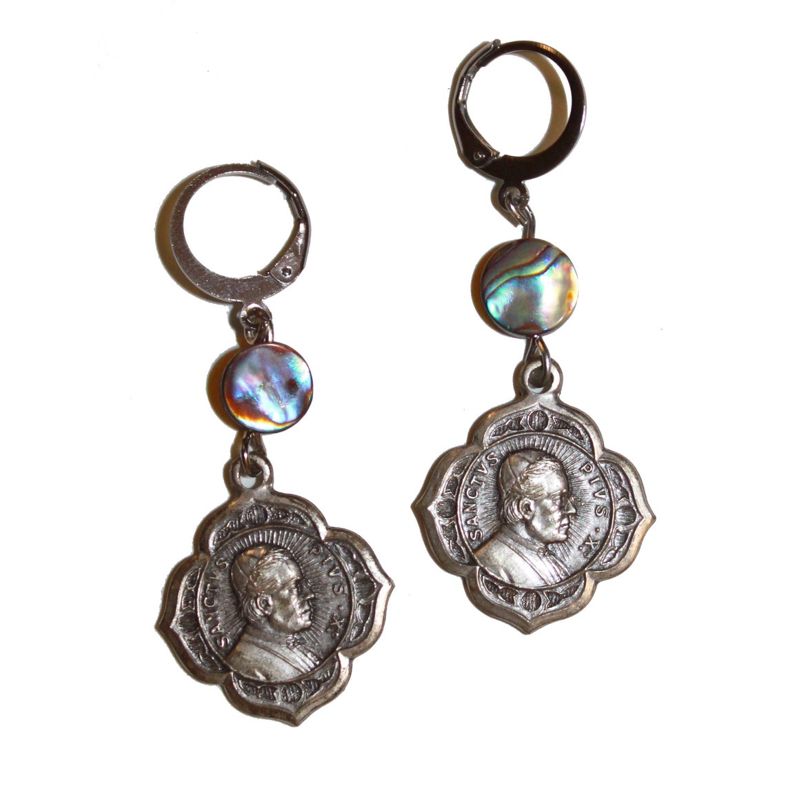 Vintage Medal of Pope St. Pius X and Natural Shell Earrings - Religious ...