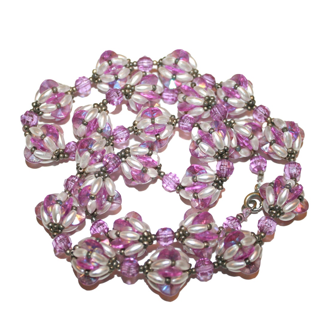 Vintage 60s Purple Beaded Necklace - Pink Beaded Plastic Necklace 70s ...