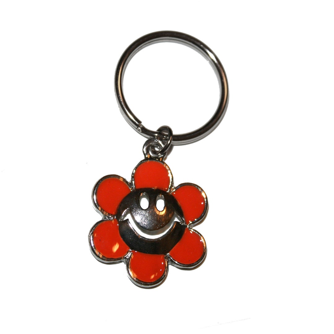 90s Vintage Enamel Smiley Daisy Keychain - Retro Keychain Collectible ...