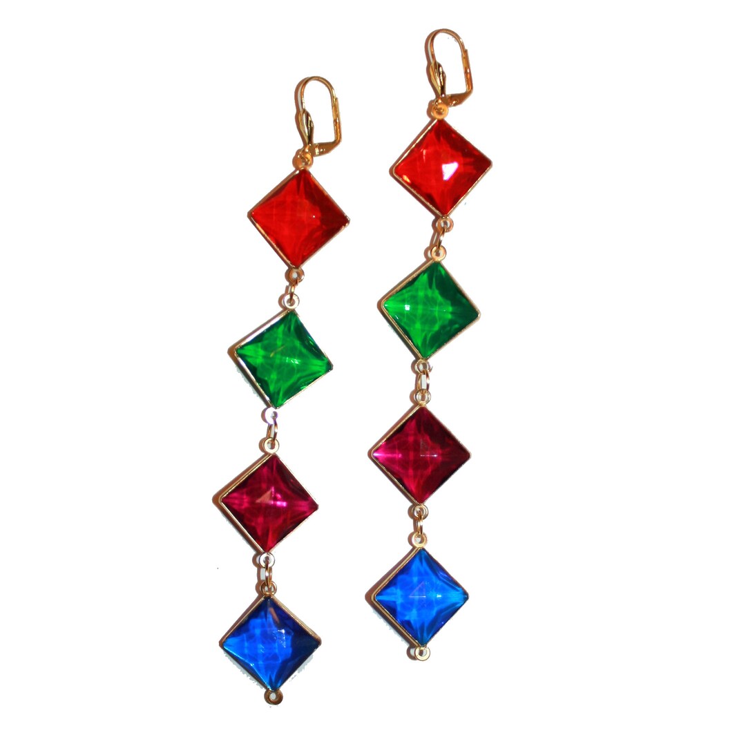 Jester's Long Gem Earrings - Vintage Gemstone Earrings Glitzy Long ...