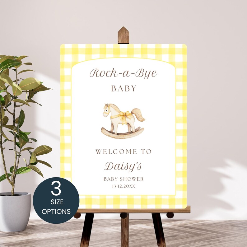 Rocking Horse Baby Shower Welcome Sign, Yellow Gingham (editable ...
