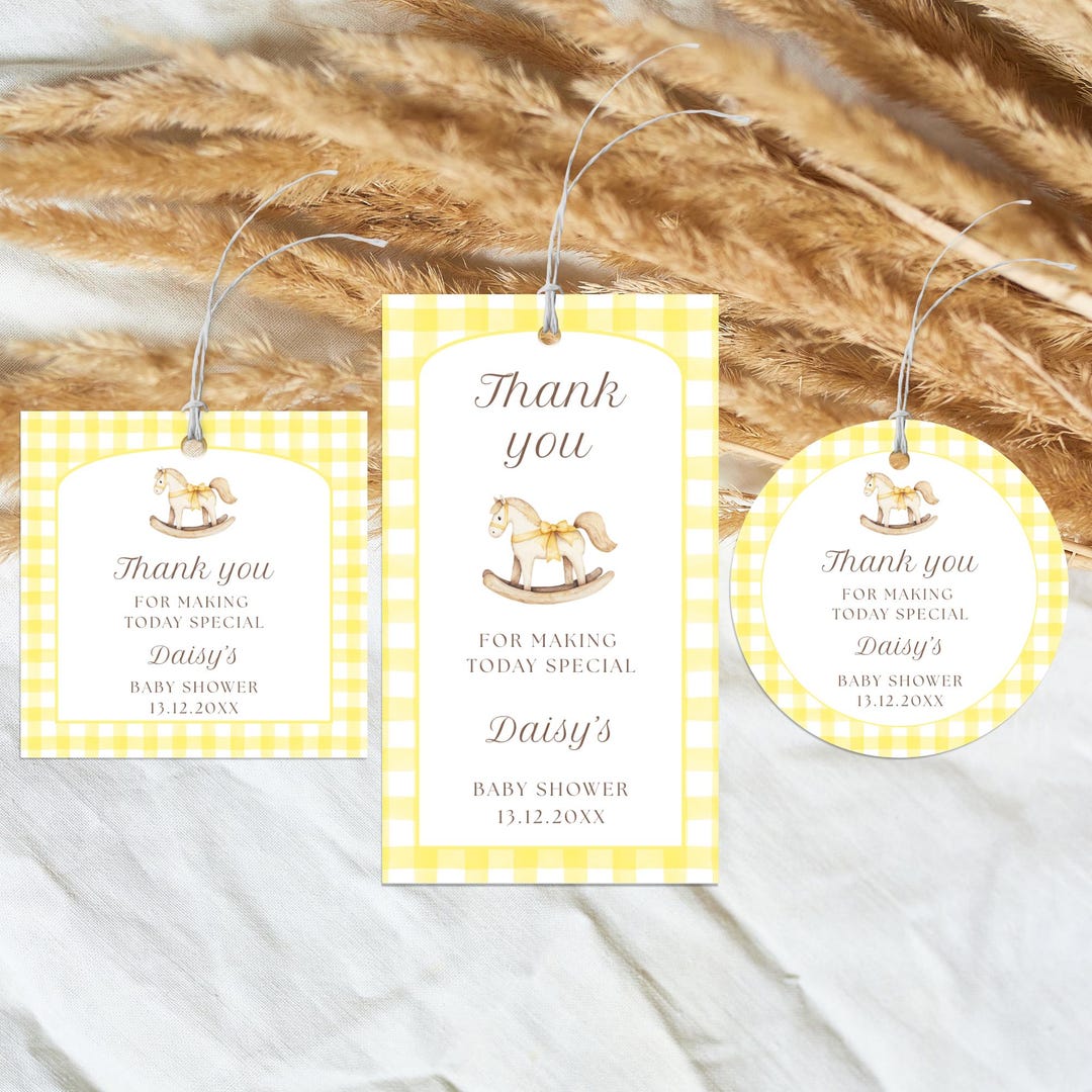 Rocking Horse Thank You Tag, Printable Yellow Gingham Square/circle ...