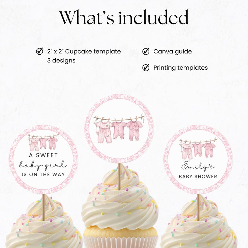 Pink Toile Baby Shower Cupcake Toppers, Printable Clothes Line Bun ...