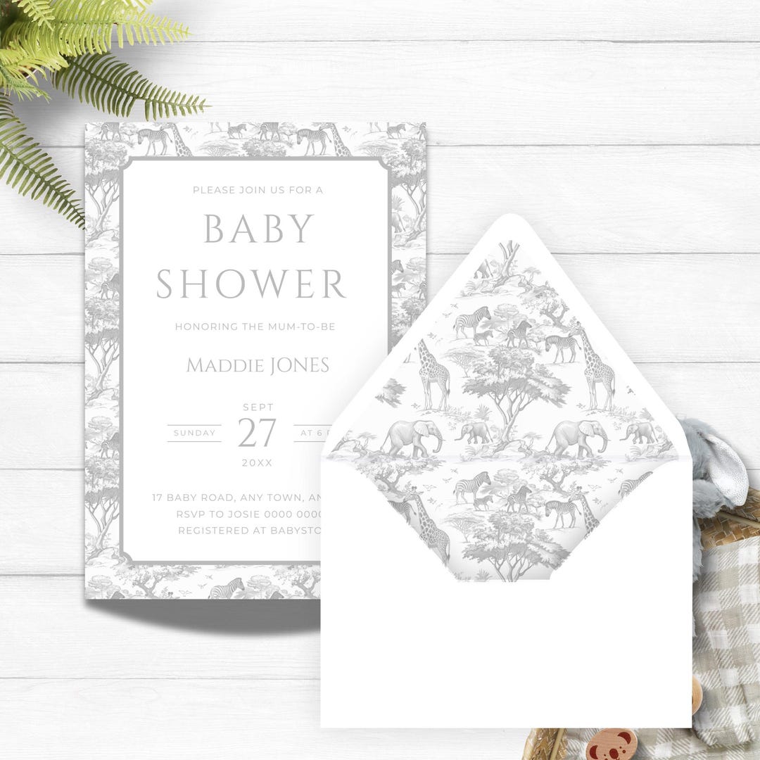 Neutral Safari Baby Shower Invitation & Envelope Liner, Grey Jungle ...