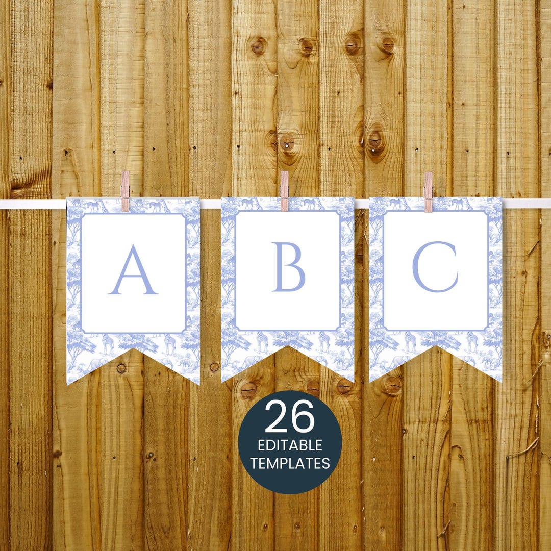 Safari Toile Blue Baby Shower Bunting, Boys Elegant Printable ...