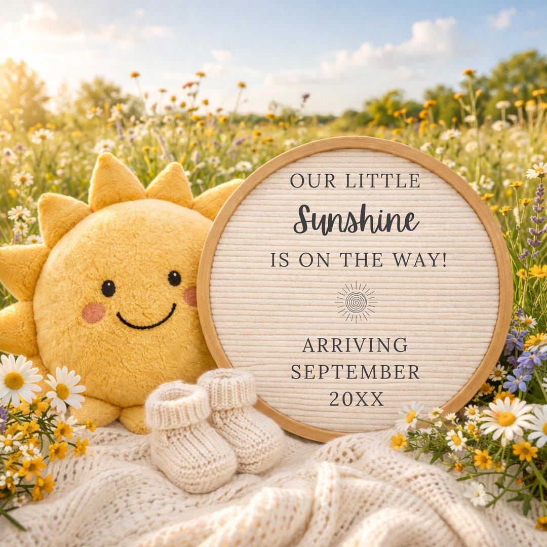 Little Sunshine Pregnancy Announcement Template, Summer Meadow Editable ...