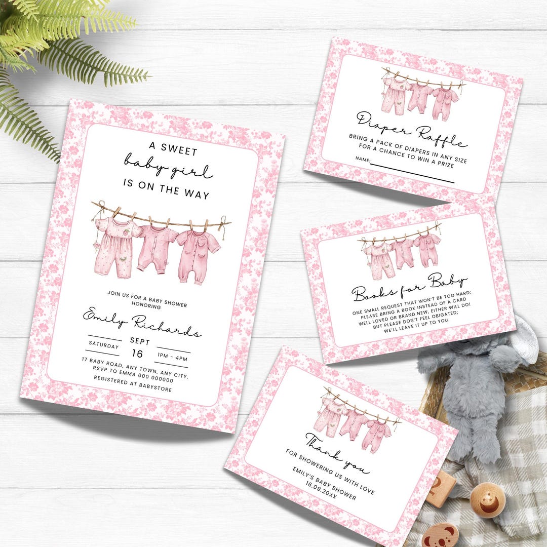Pink Floral Toile Baby Shower Invitation Bundle, Girls Printable ...