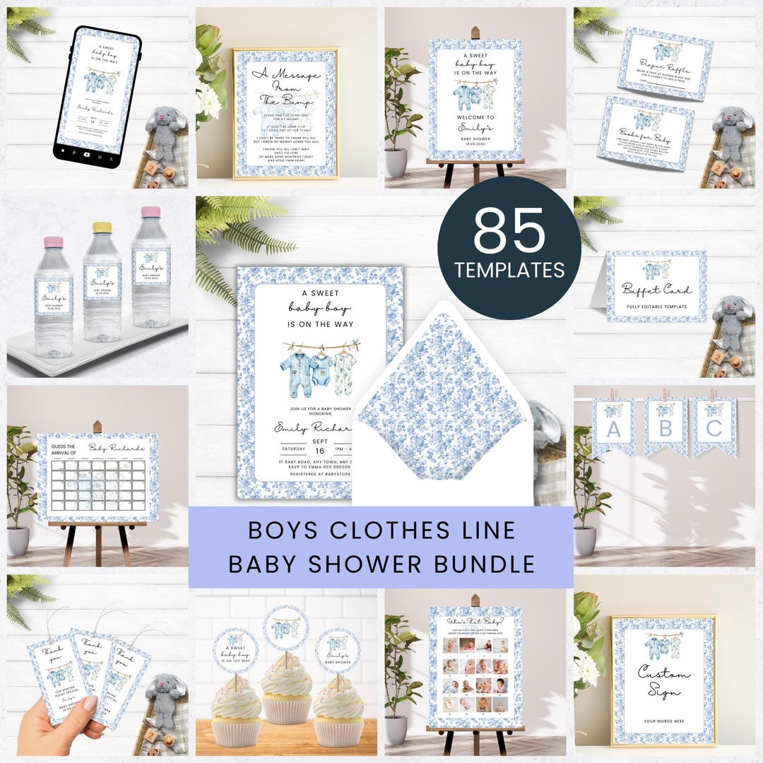 Clothes Line Baby Shower Bundle, Blue Floral Toile Printable Signs ...