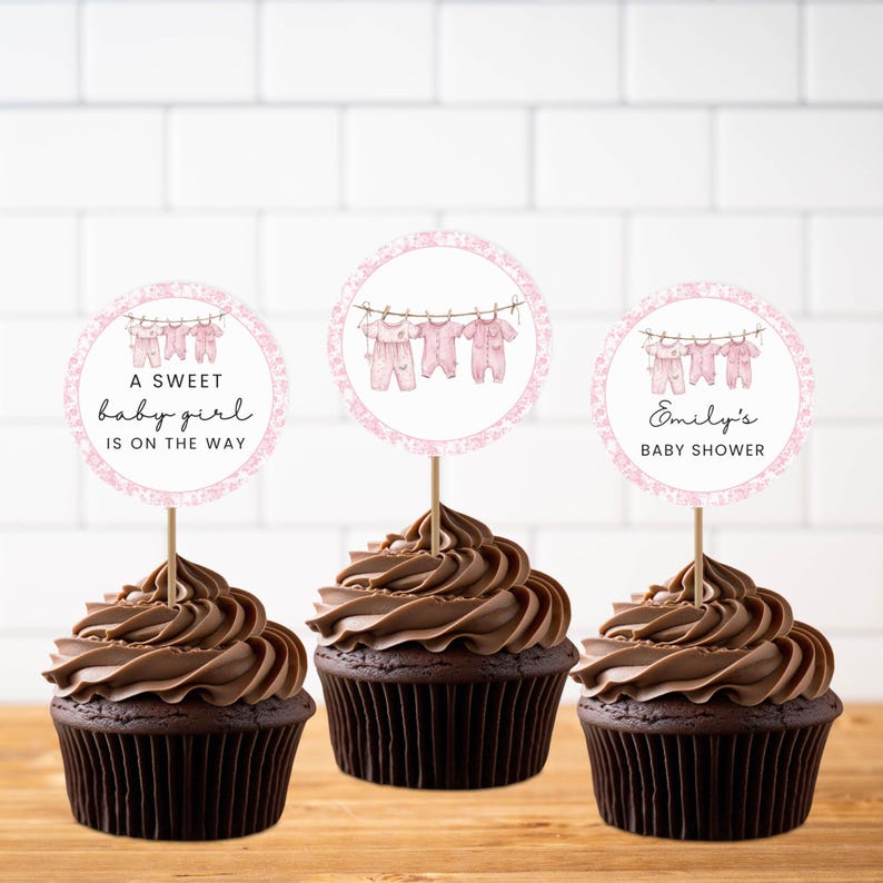 Pink Toile Baby Shower Cupcake Toppers, Printable Clothes Line Bun ...