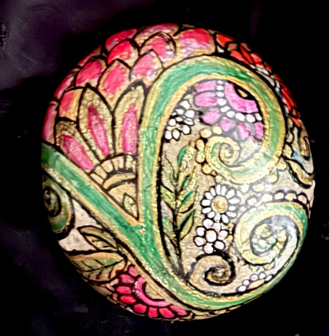 Hand Painted Floral Stone, Vibrant Colors, Henna Design, Mindfulness ...