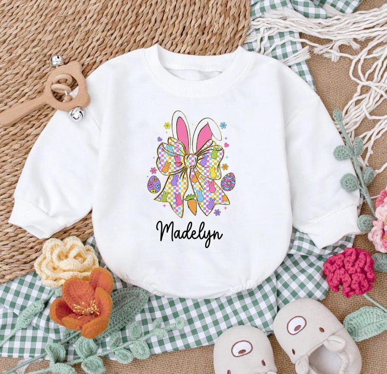 Personalized Coquette Bunny Baby Romper, Custom Name Easter Rabbit ...