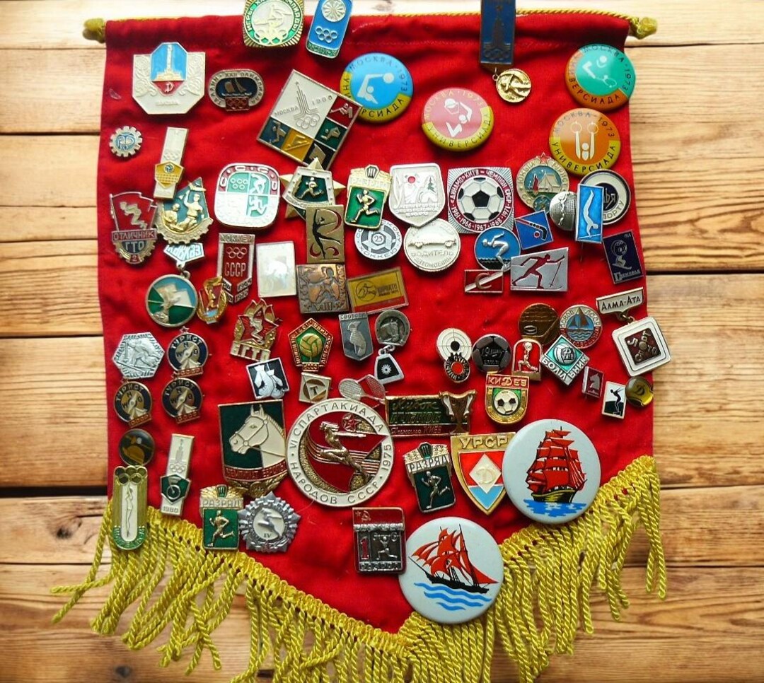 A Set of Vintage USSR Badges on a Pennant for Collection and Decoration ...