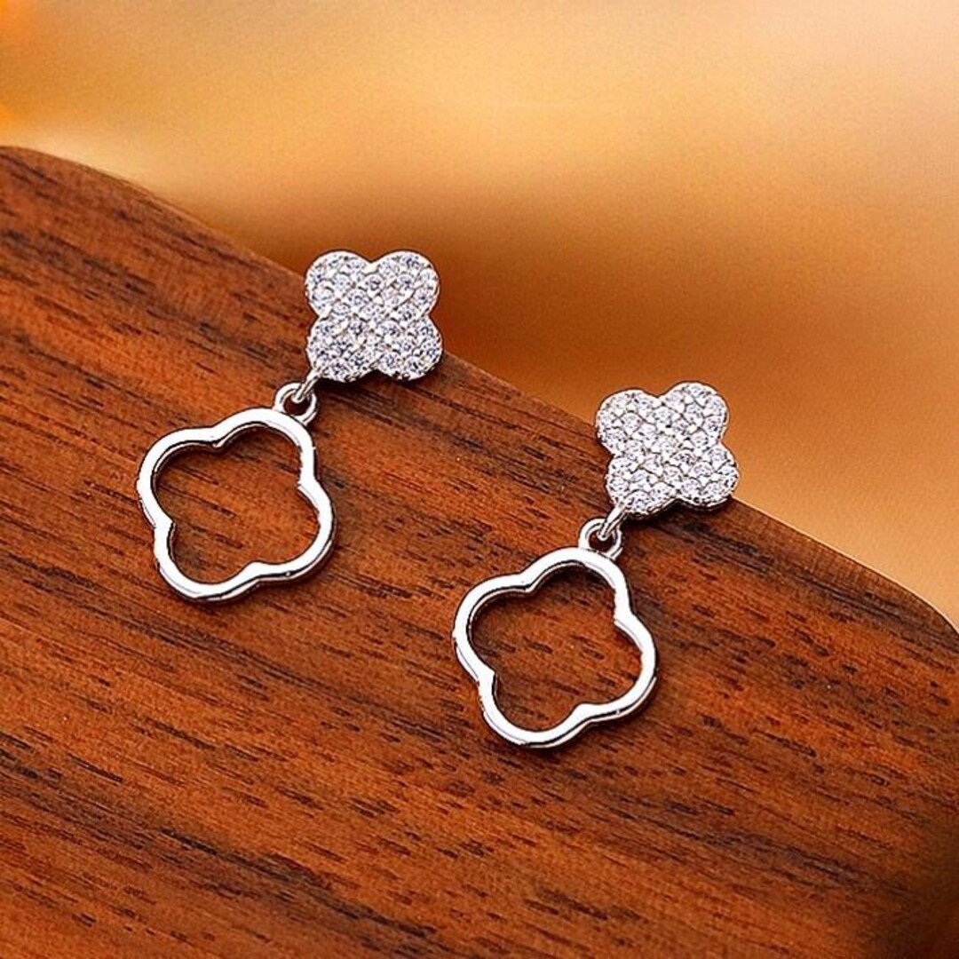 Full Diamond Four Leaf Clover Drop Earrings: Sterling Silver, Open ...
