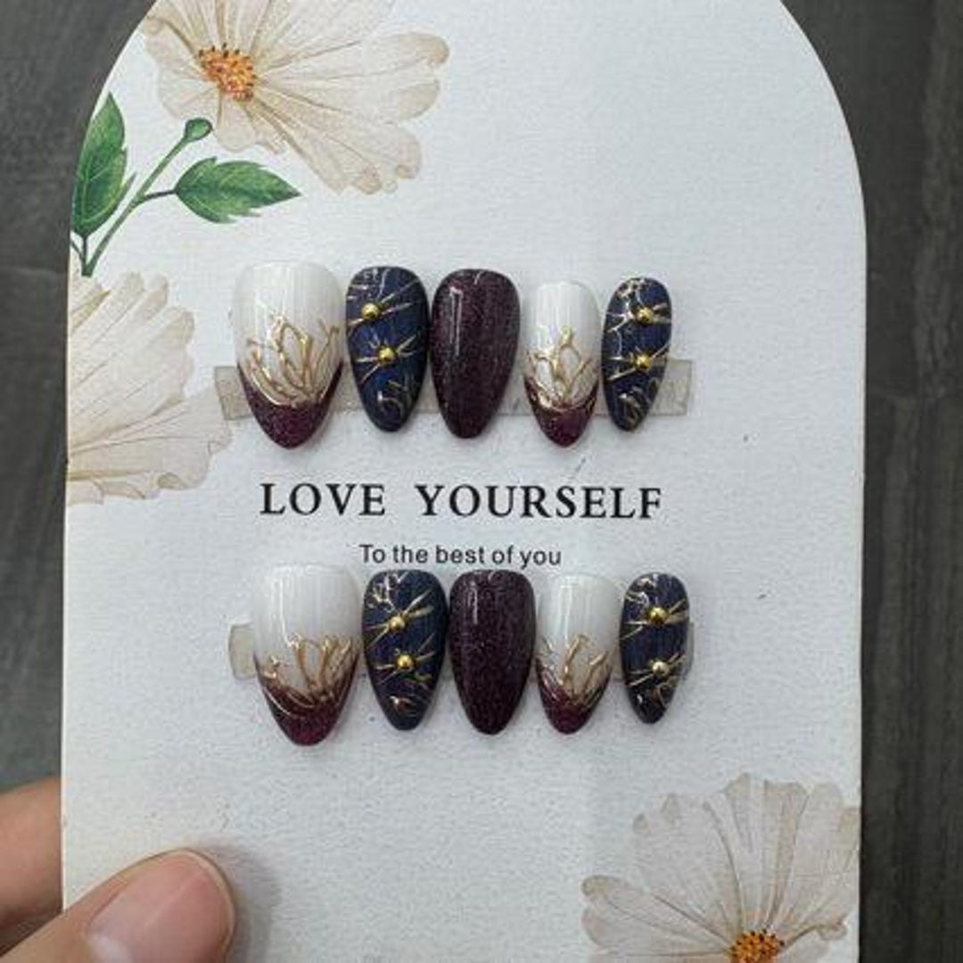 Handmade Gold Line Press on Nails: Long Almond, Red French Tip Nails - Etsy
