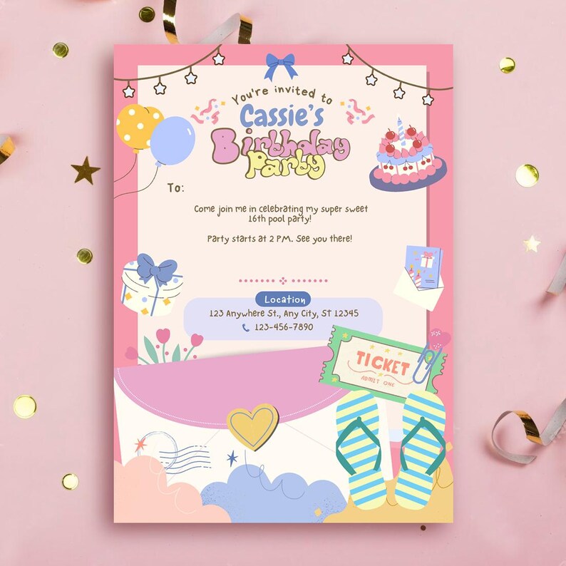 Editable Sweet 16 Pool Party Invitation | Cute & Colourful Canva ...