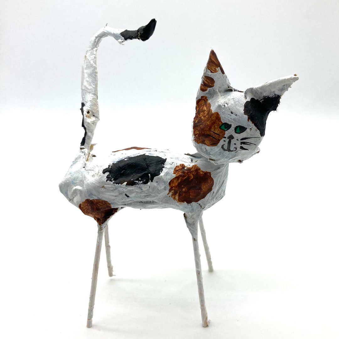 Little Paper Mache Moggy Cat. White Cat With Black and Brown Patches ...