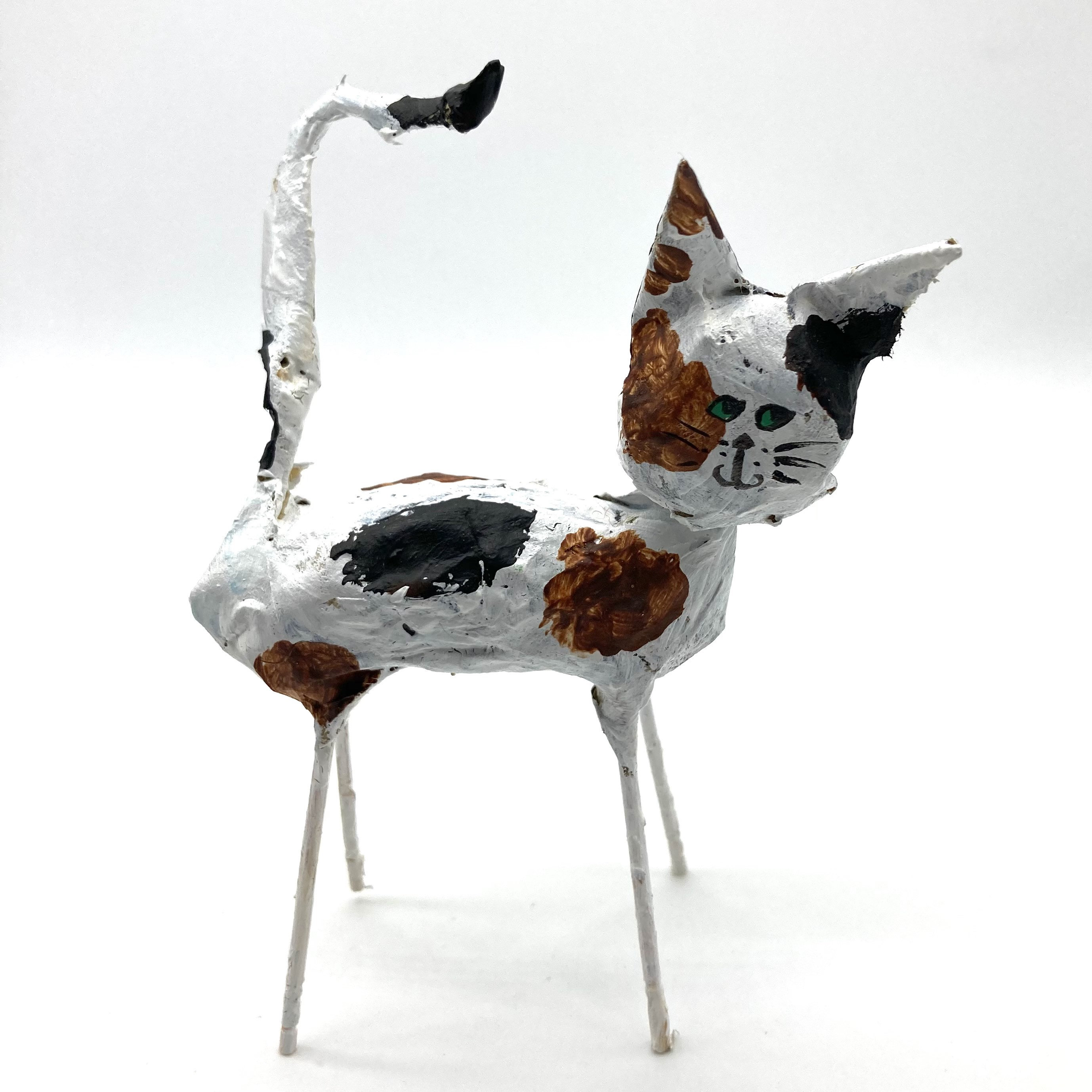 Little Paper Mache Moggy Cat. White Cat With Black and Brown Patches ...