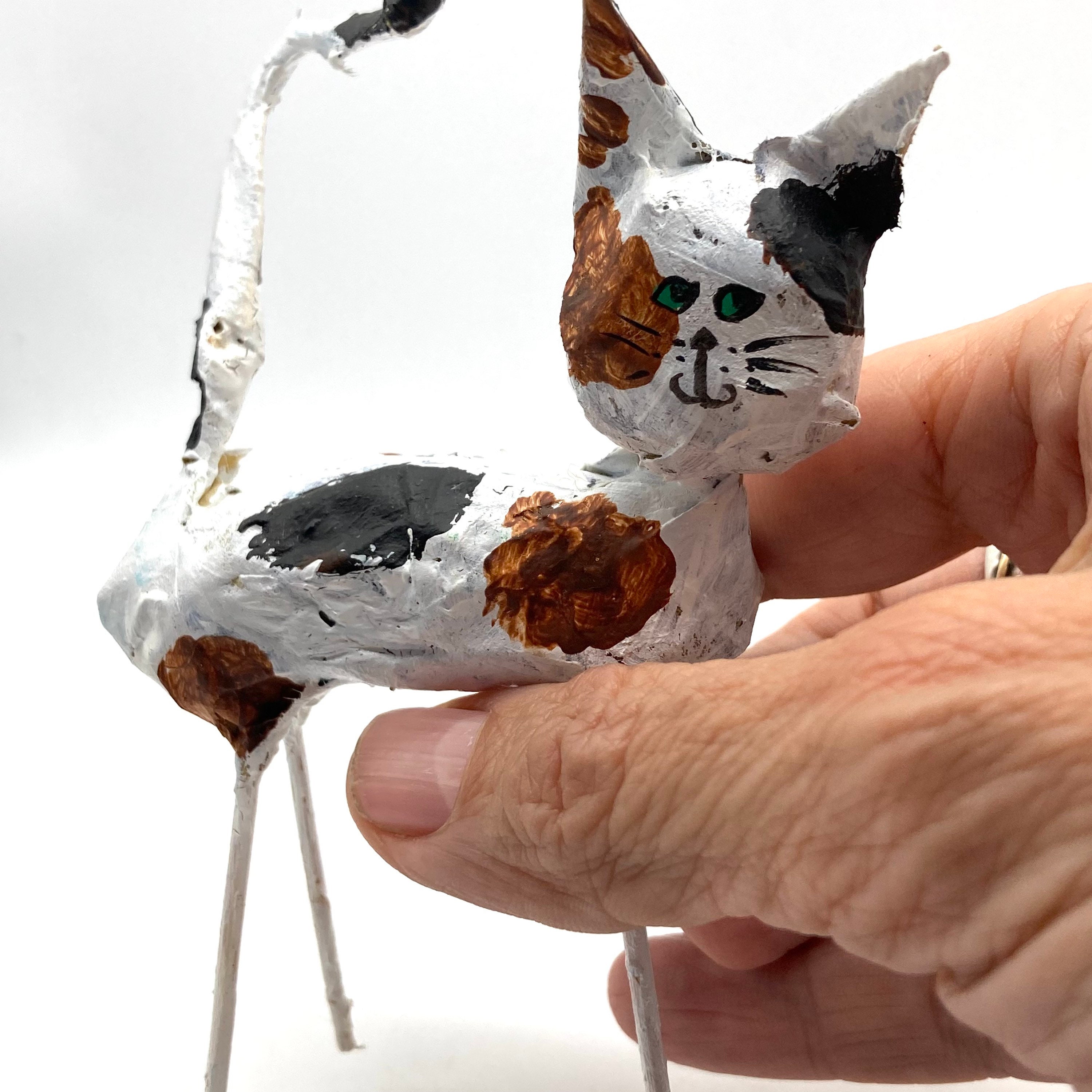 Little Paper Mache Moggy Cat. White Cat With Black and Brown Patches ...