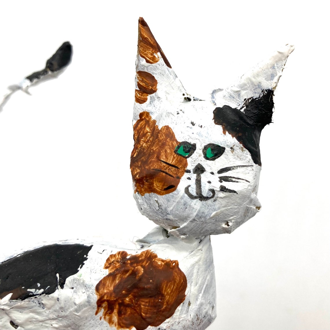 Little Paper Mache Moggy Cat. White Cat With Black and Brown Patches ...