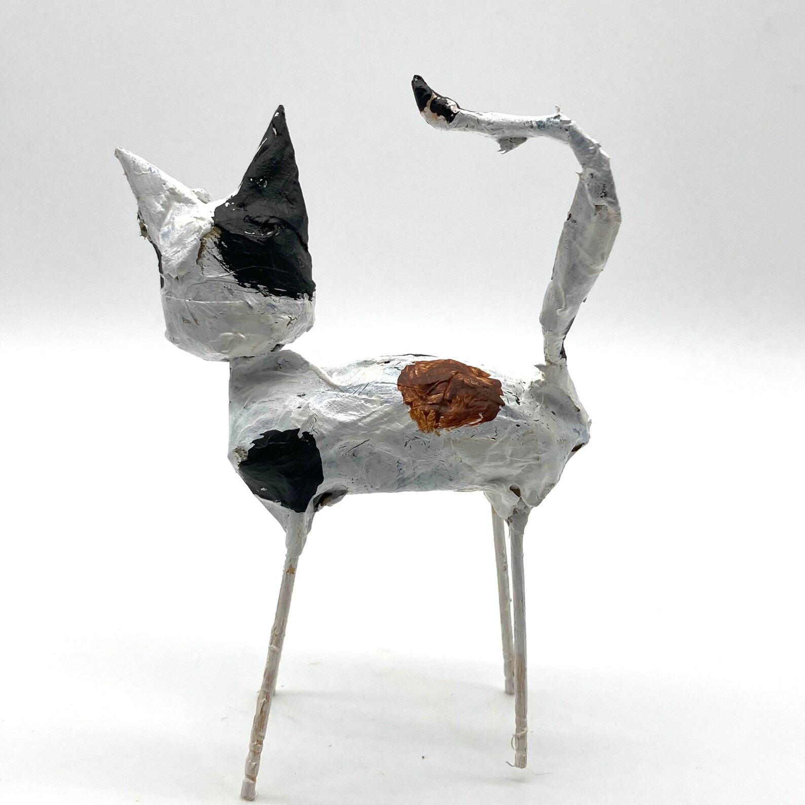 Little Paper Mache Moggy Cat. White Cat With Black and Brown Patches ...