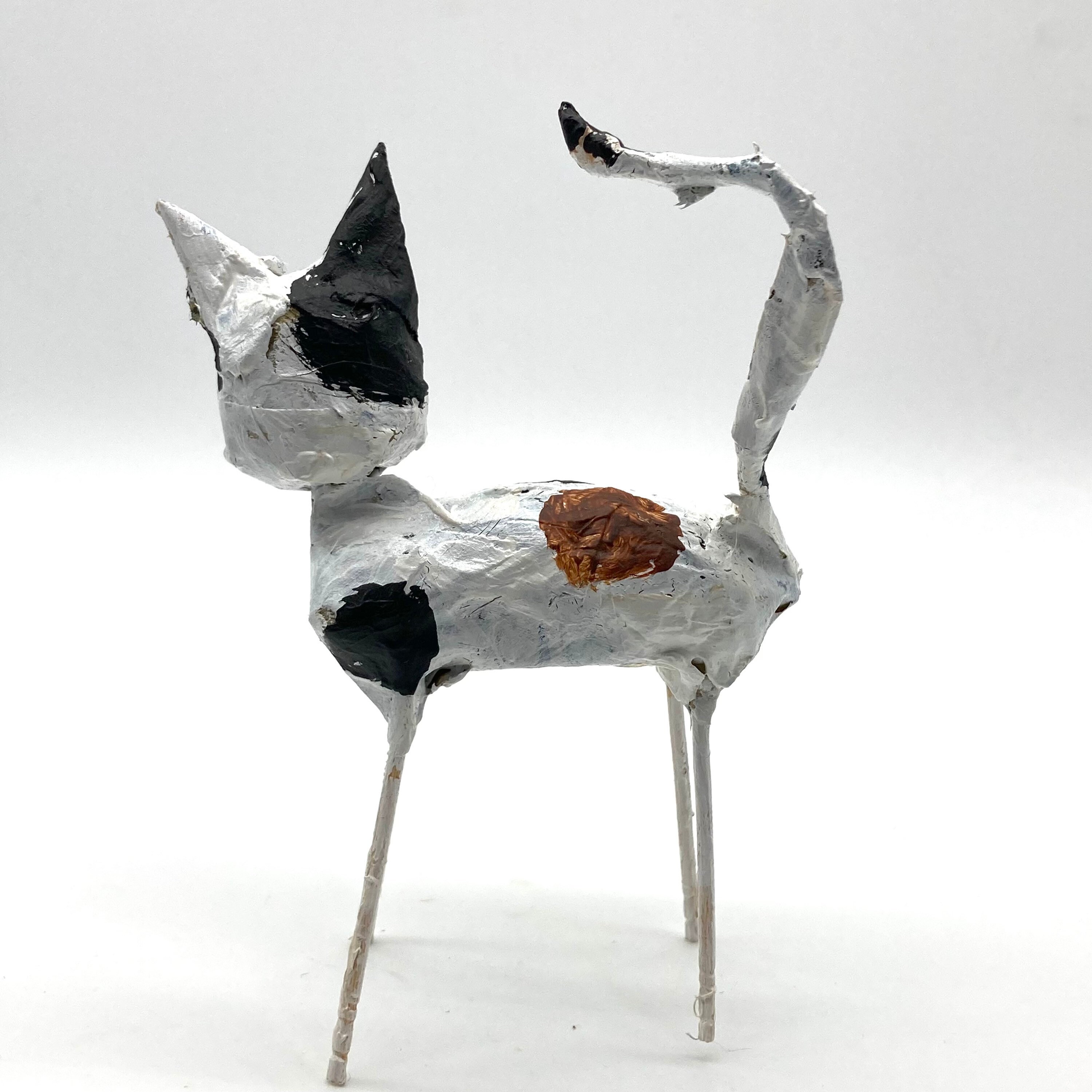 Little Paper Mache Moggy Cat. White Cat With Black and Brown Patches ...