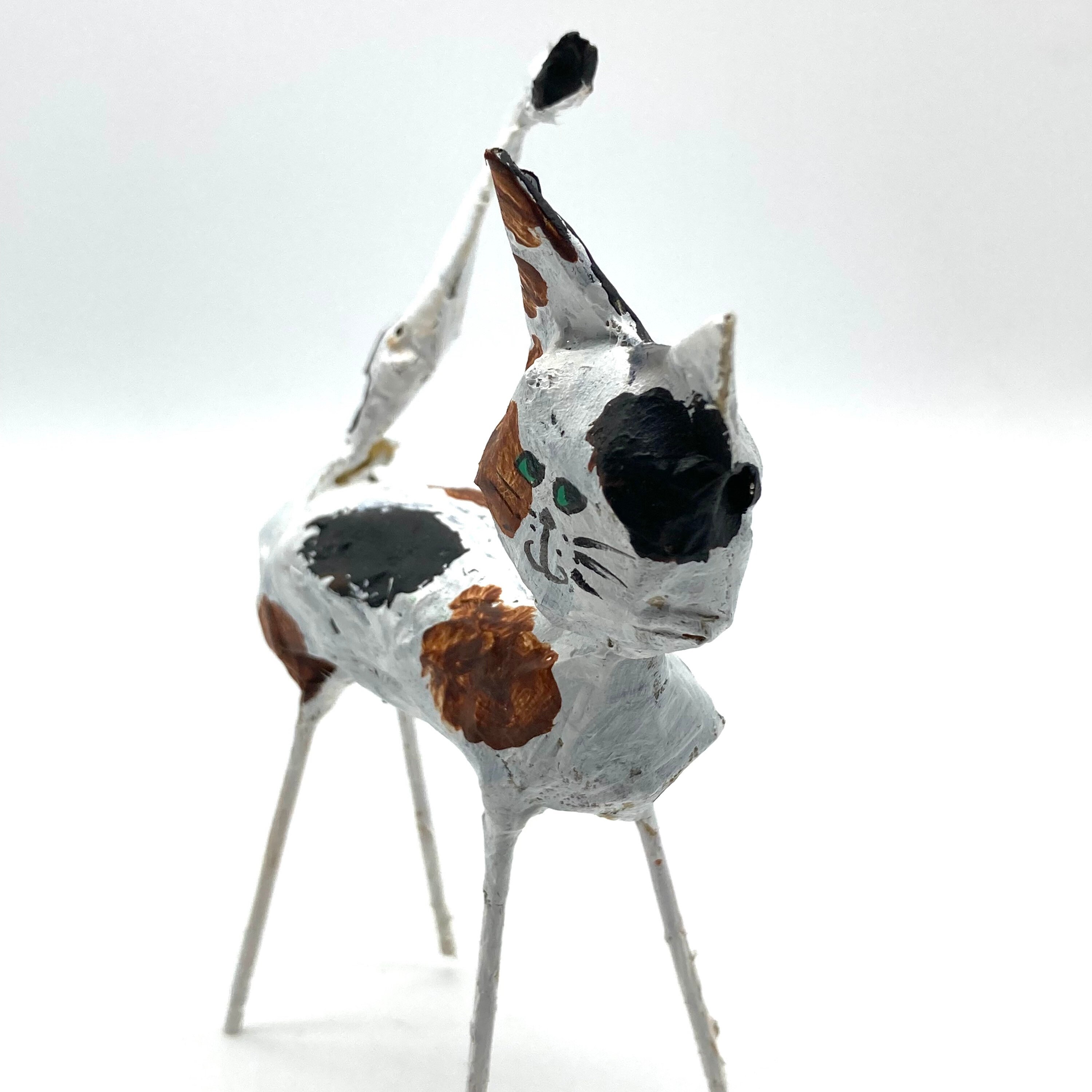 Little Paper Mache Moggy Cat. White Cat With Black and Brown Patches ...