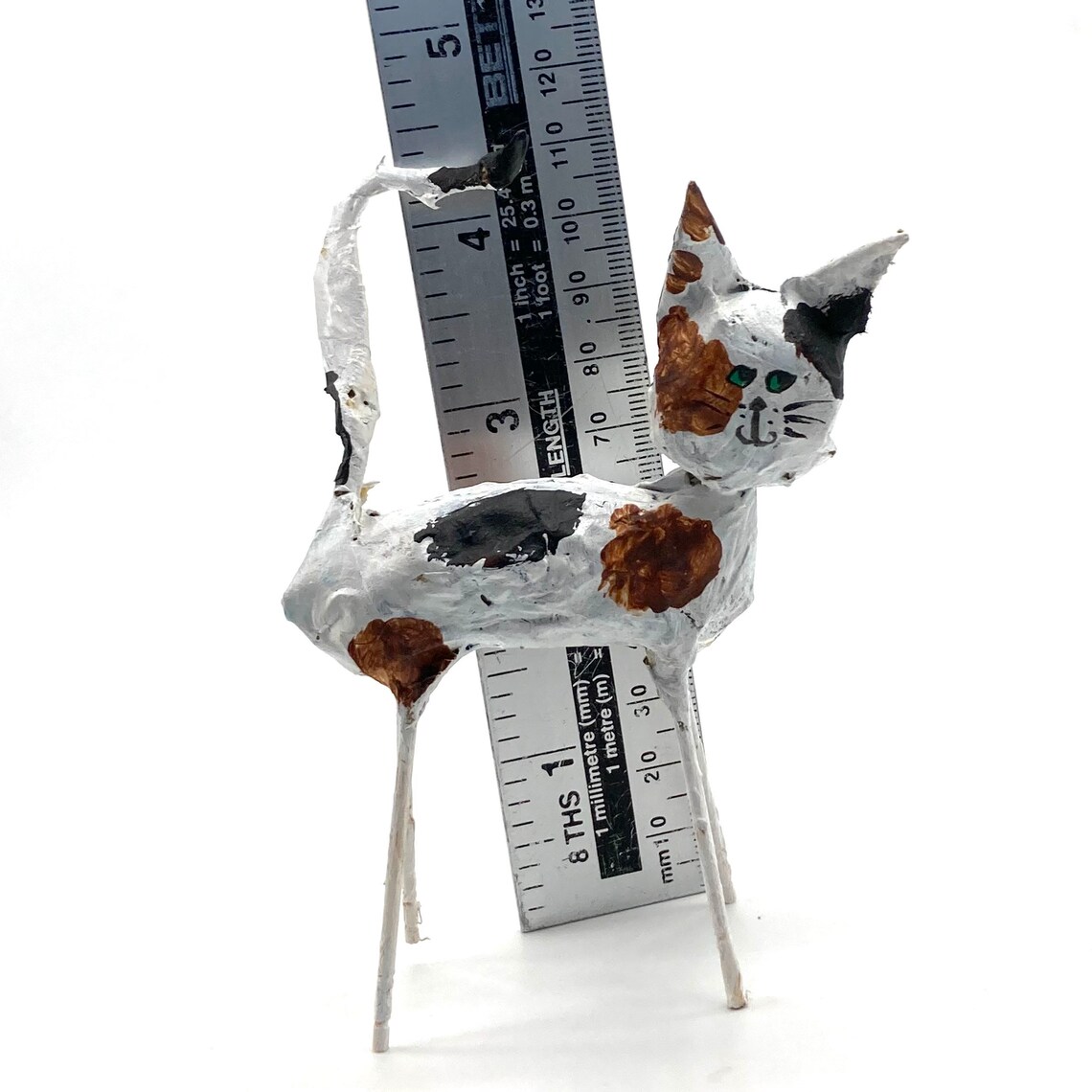 Little Paper Mache Moggy Cat. White Cat With Black and Brown Patches ...