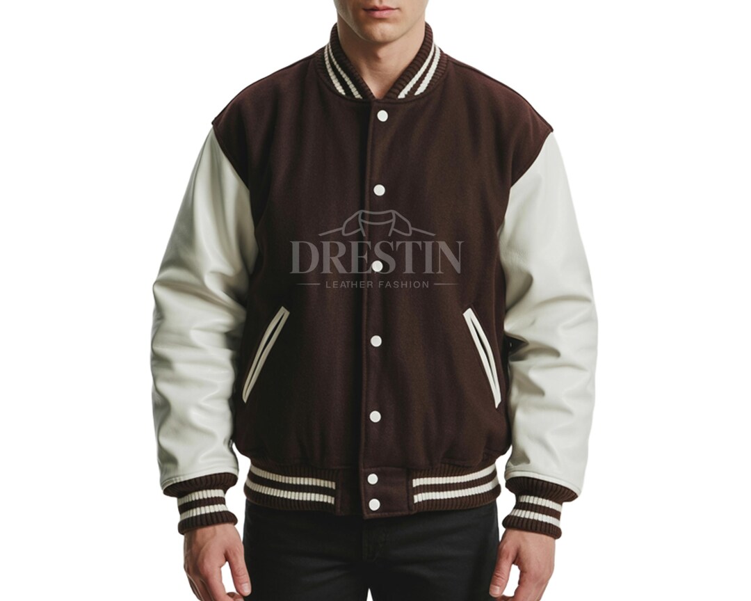 Men’s Brown Varsity Jacket With White Leather Sleeves | Classic ...