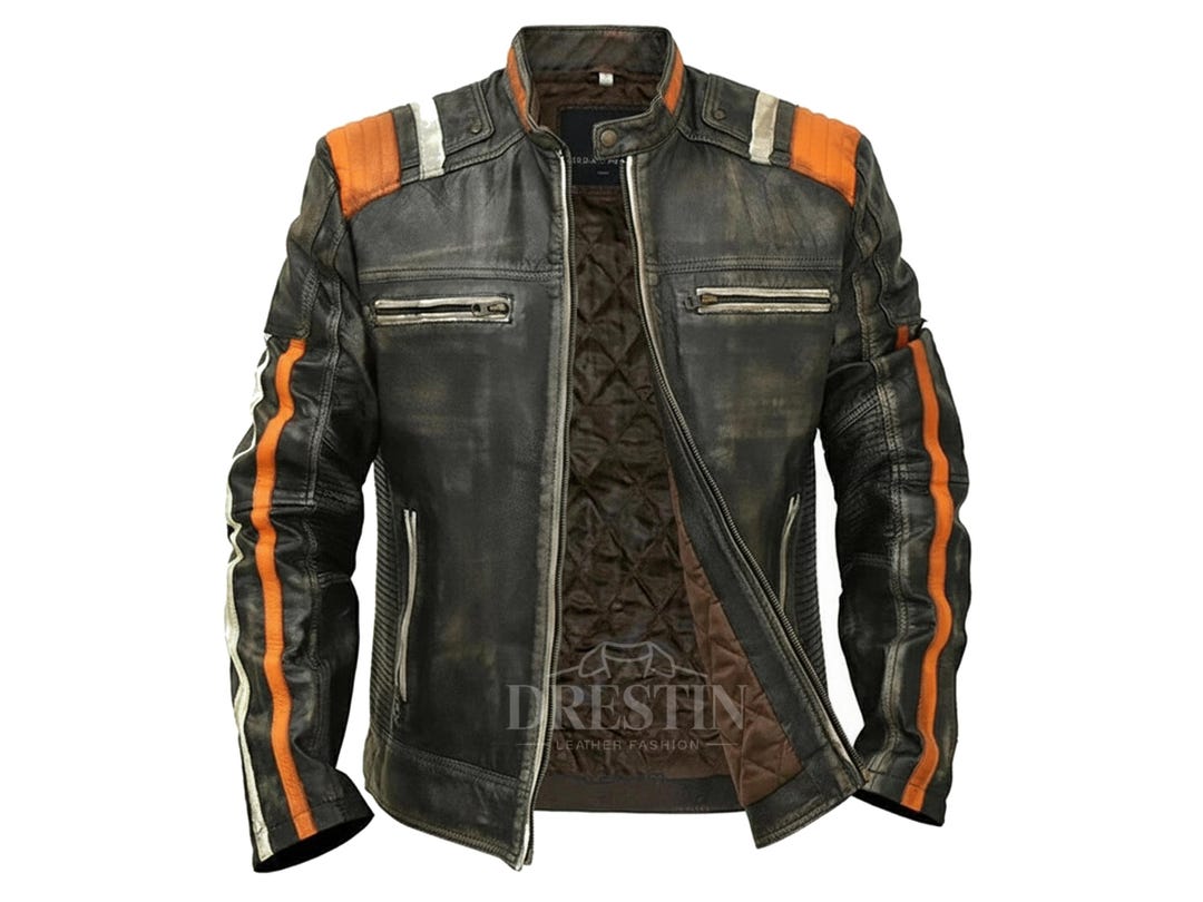 Men’s Retro 3 Cafe Racer Vintage Distressed Striped Motorcycle Biker ...