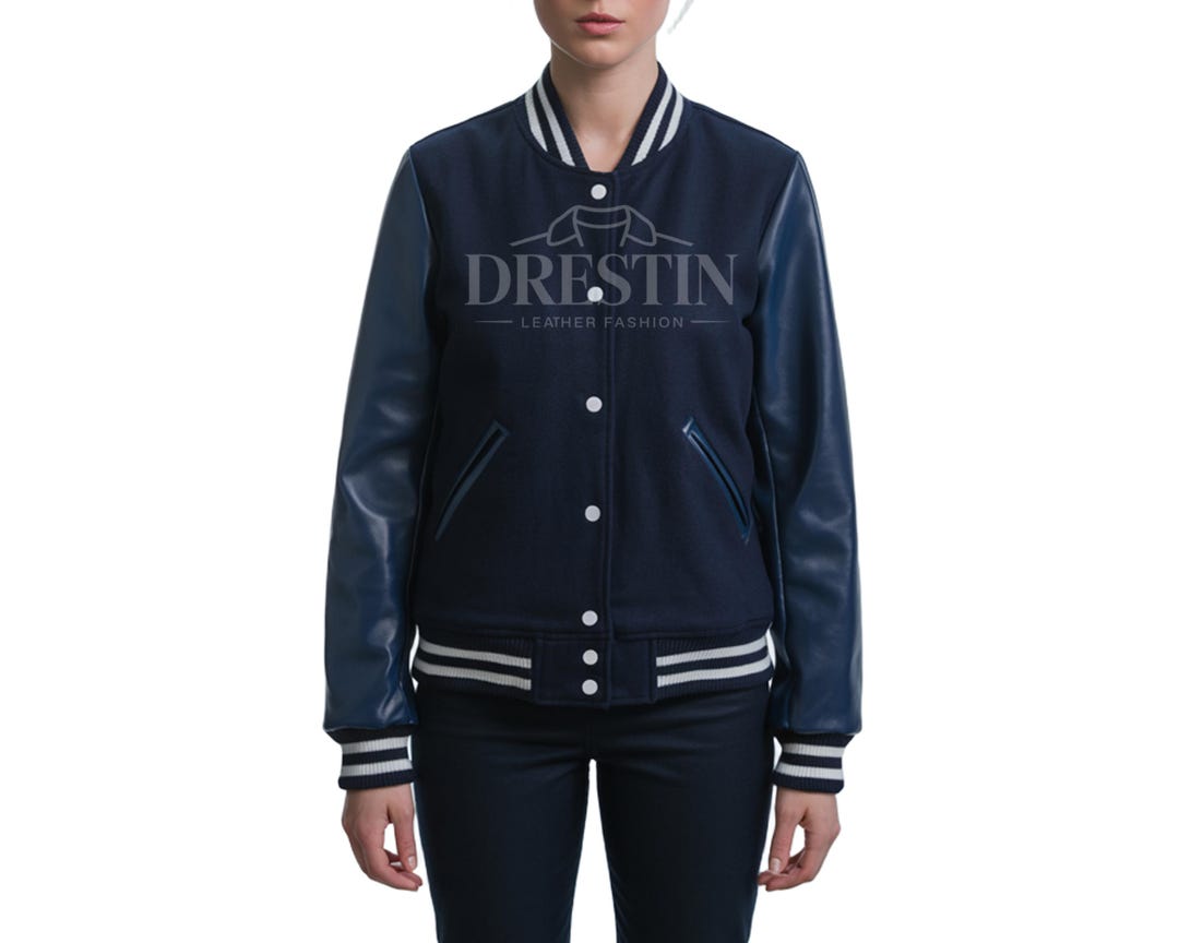 Women’s Navy Blue Varsity Jacket With Real Leather Sleeves – Classic ...