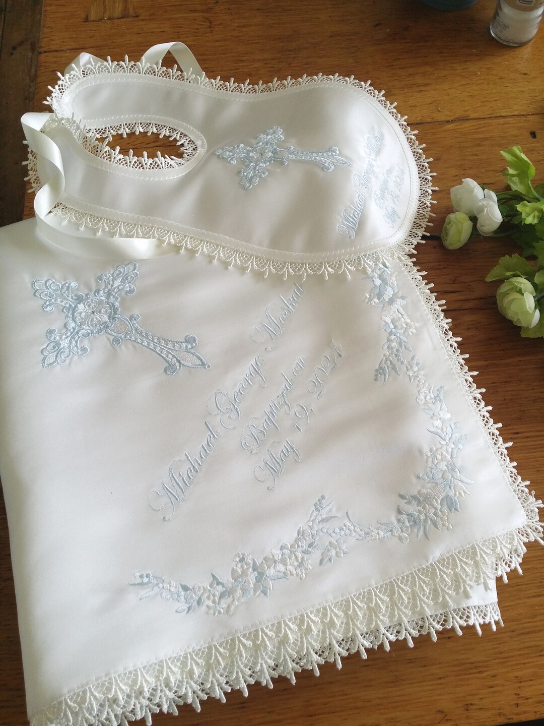 Ivory Baby Baptism /christening Blanket With Delicate Pale Blue Flower ...