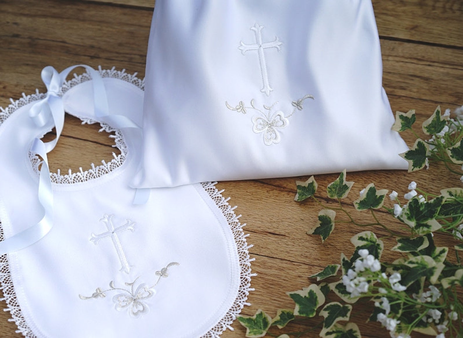 White Cream Ivory Ecru Baby Baptizm Baptism Christening Bib Burp Cloth ...