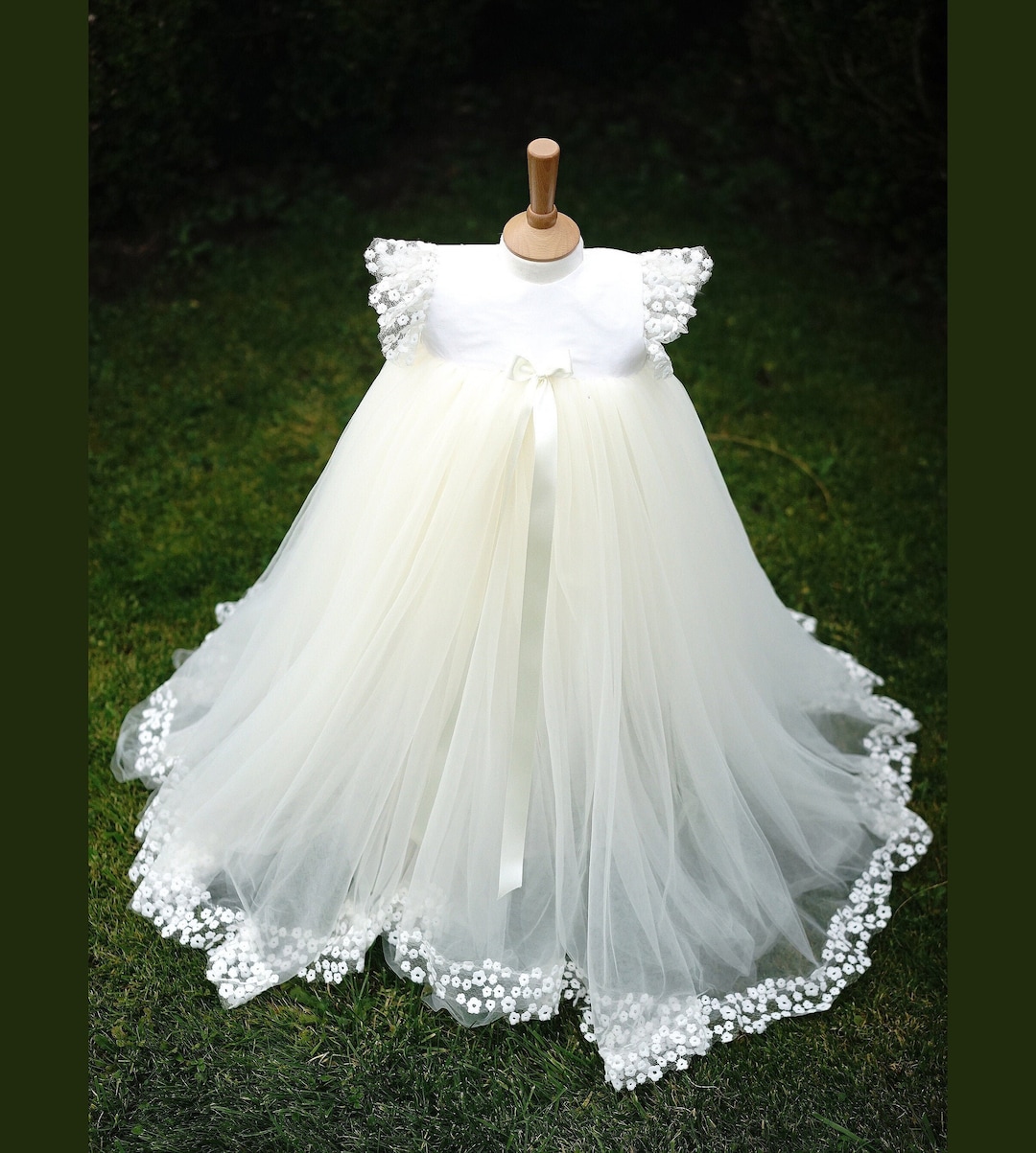 Princess Meadow Pale Ivory Christening Gown in Silk Tulle and Lace in ...