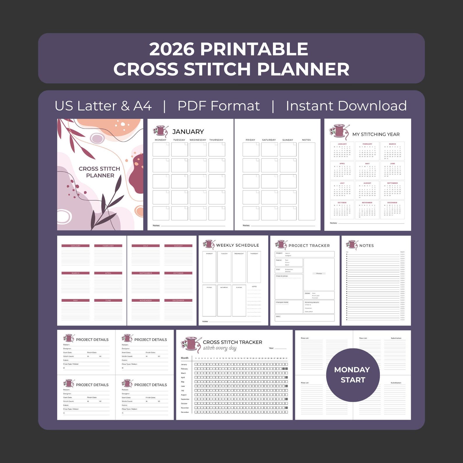 2026 Cross Stitch Planner, Embroidery Project Tracker (PDF Download ...