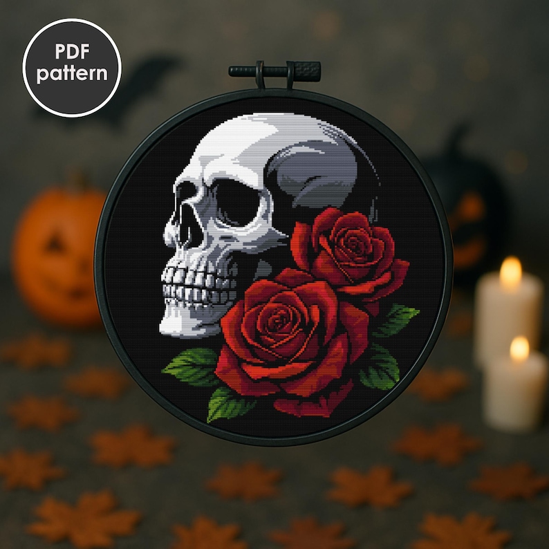 Skull and Roses Cross Stitch Pattern: Gothic Floral Embroidery (PDF ...