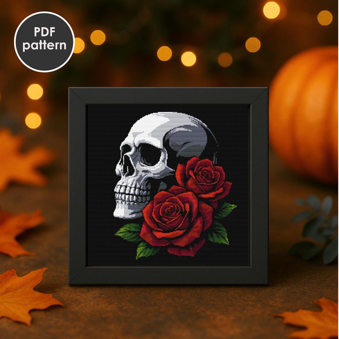 Skull and Roses Cross Stitch Pattern: Gothic Floral Embroidery (PDF ...